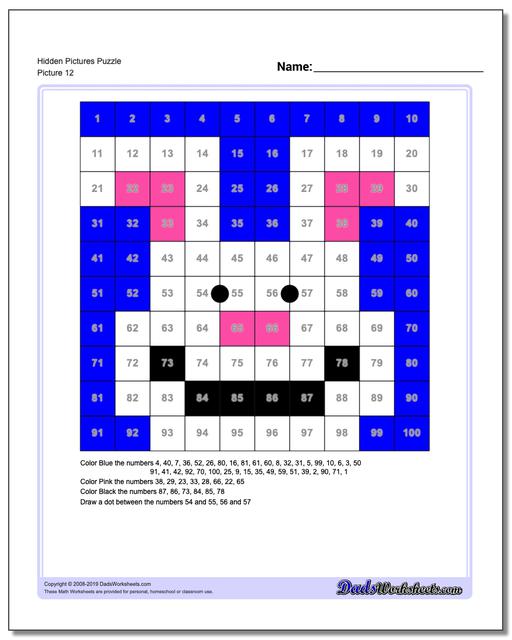 Hundreds Chart: Hidden Pictures Puzzles