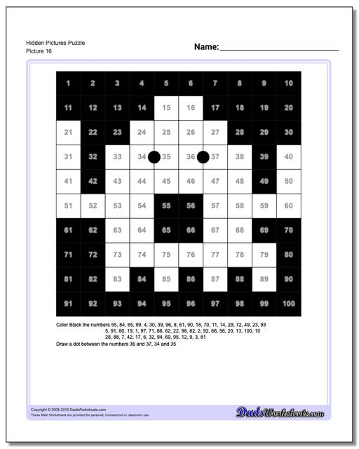 Math Worksheets: Hundreds Chart: Hundreds Chart: Hidden Pictures Puzzle