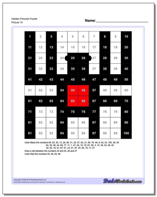 Math Worksheets: Hundreds Chart: Hundreds Chart: Hidden Pictures Puzzle
