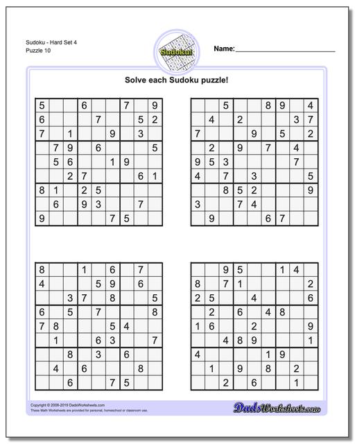 Math Worksheets: Sudoku: Sudoku: Sudoku - Hard Set 4