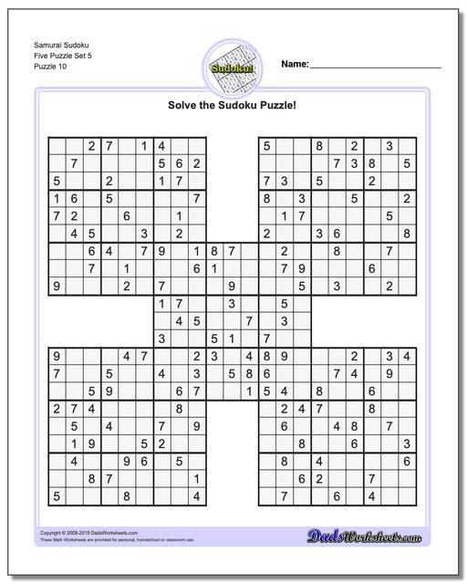Math Worksheets: Sudoku: Sudoku: Samurai Sudoku Five Puzzle Set 5