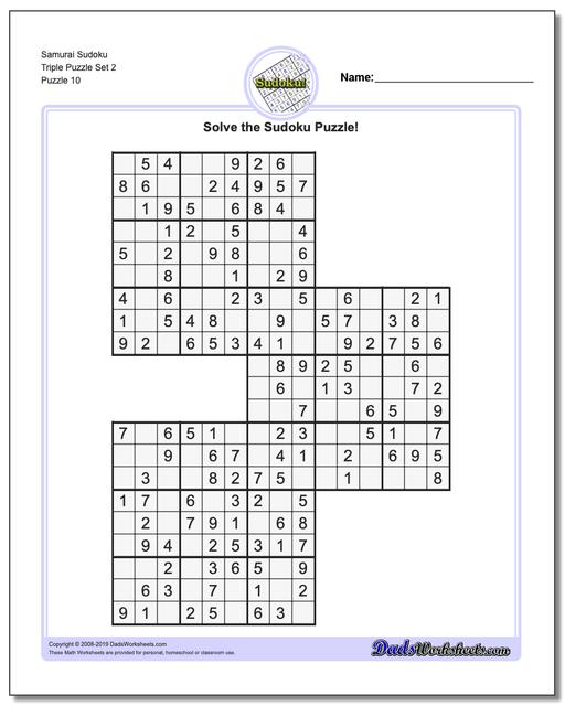 Math Worksheets: Sudoku: Sudoku: Samurai Sudoku Triple Puzzle Set 2