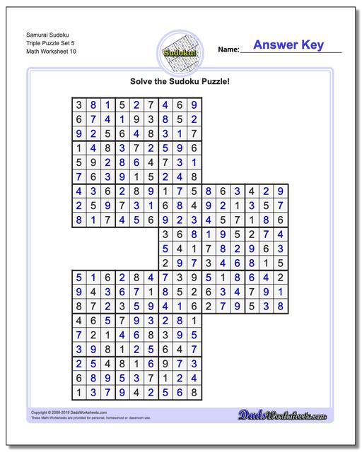 Math Worksheets: Sudoku: Sudoku: Samurai Sudoku Triple Puzzle Set 5
