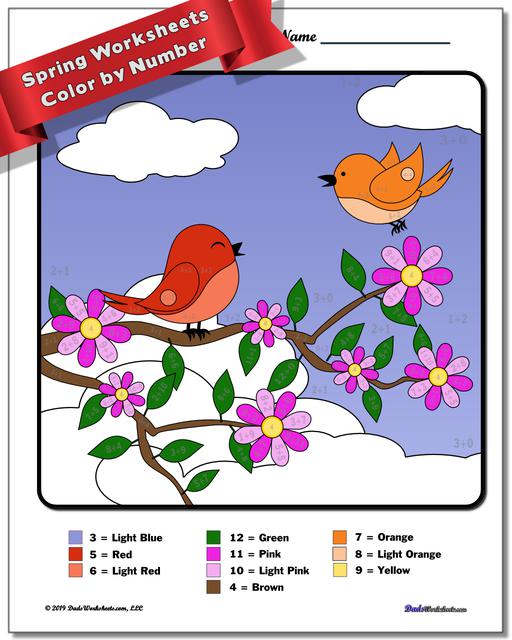 Math Worksheets: Addition Color By Number: Spring Addition Color by ...
