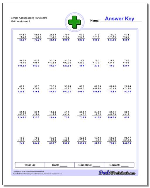 Decimal Hundredths Worksheets Adding Decimals Hundredths Sheet