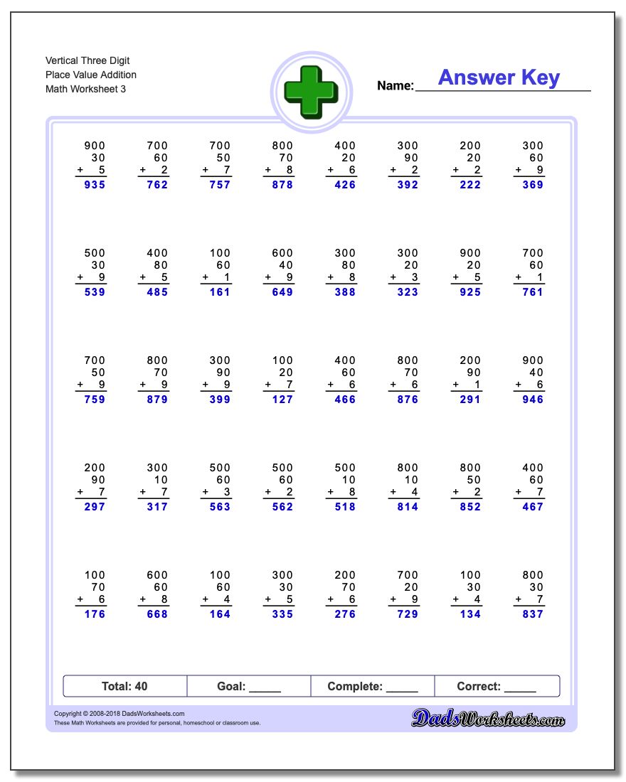 Place Value Addition Worksheets