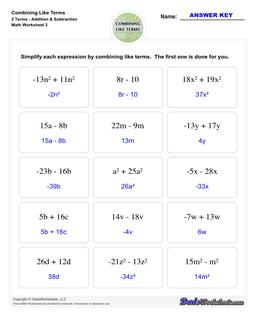 Combining Like Terms Worksheets