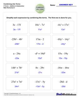Combining Like Terms Worksheets