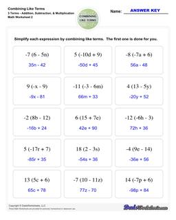 Combining Like Terms Worksheets
