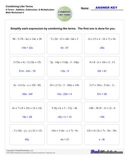 Combining Like Terms Worksheets