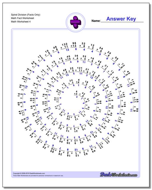 Division Worksheets: Spiral Division Facts