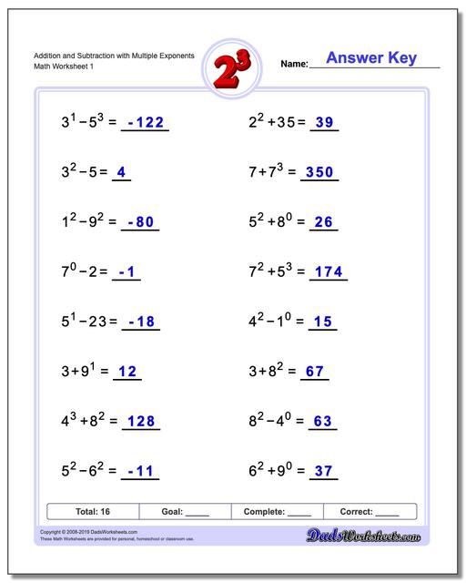 Exponents Worksheets: Mixed Addition And Subtraction with Exponents