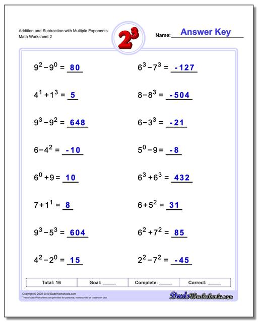 Exponents Worksheets: Mixed Addition And Subtraction with Exponents