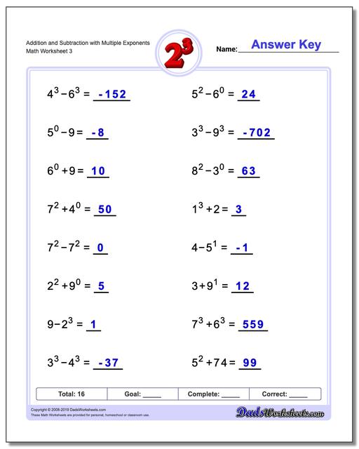 Exponents Worksheets: Mixed Addition And Subtraction with Exponents