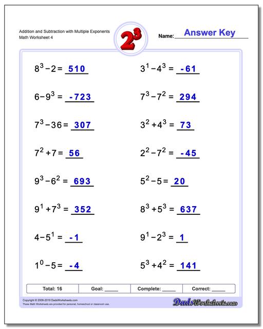 Exponents Worksheets: Mixed Addition And Subtraction with Exponents