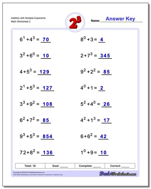 Exponents Worksheets: Addition with Exponents