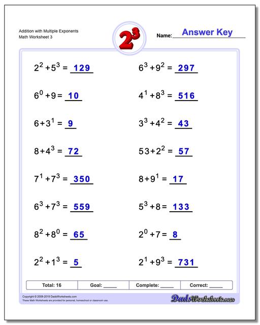Exponents Worksheets: Addition with Exponents