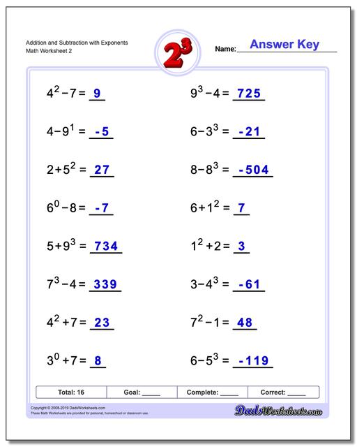 Exponents Worksheets: Mixed Addition And Subtraction with Exponents