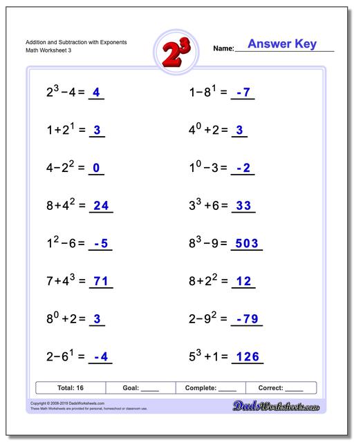 Exponents Worksheets: Mixed Addition And Subtraction with Exponents