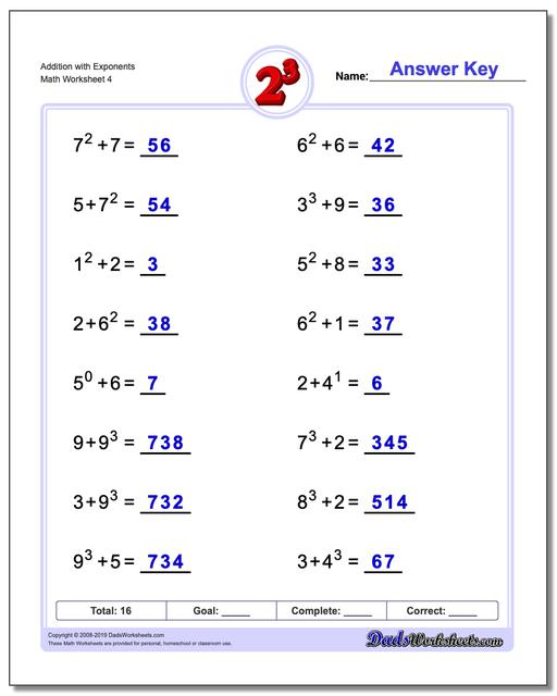 Exponents Worksheets: Addition with Exponents