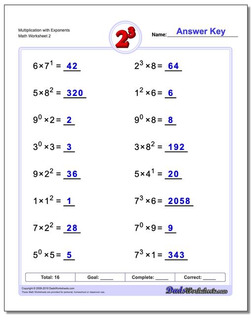 Exponents Worksheets: Multiplication with Exponents