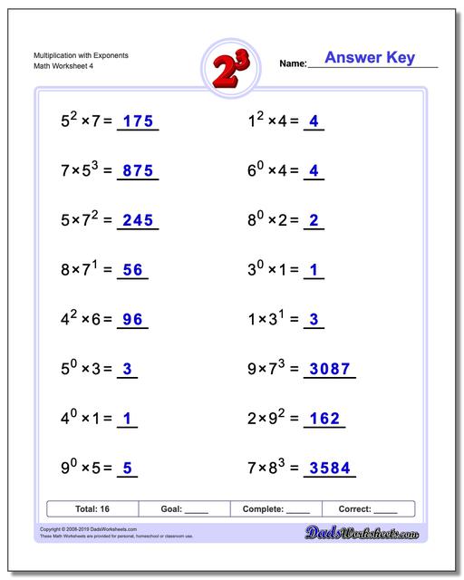 Exponents Worksheets: Multiplication with Exponents