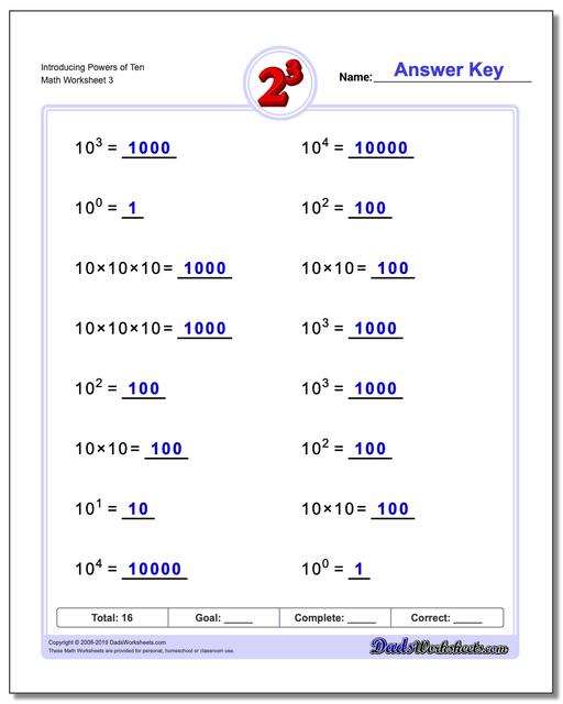 Exponents Worksheets: Powers of Ten and Scientific Notation