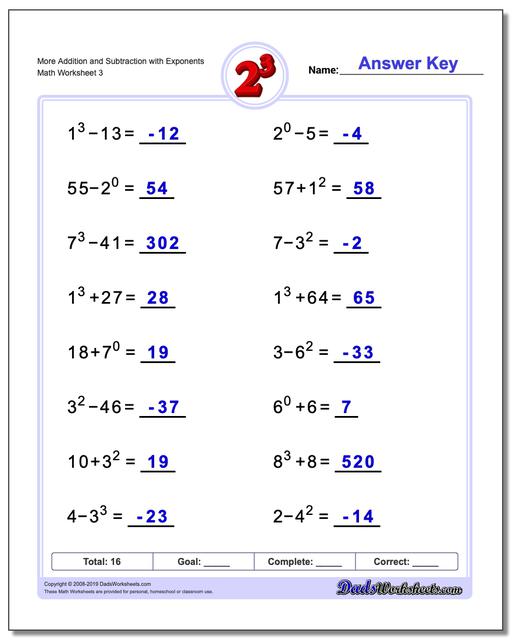 Exponents Worksheets: Mixed Addition And Subtraction with Exponents