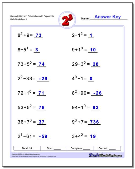 Exponents Worksheets: Mixed Addition And Subtraction with Exponents