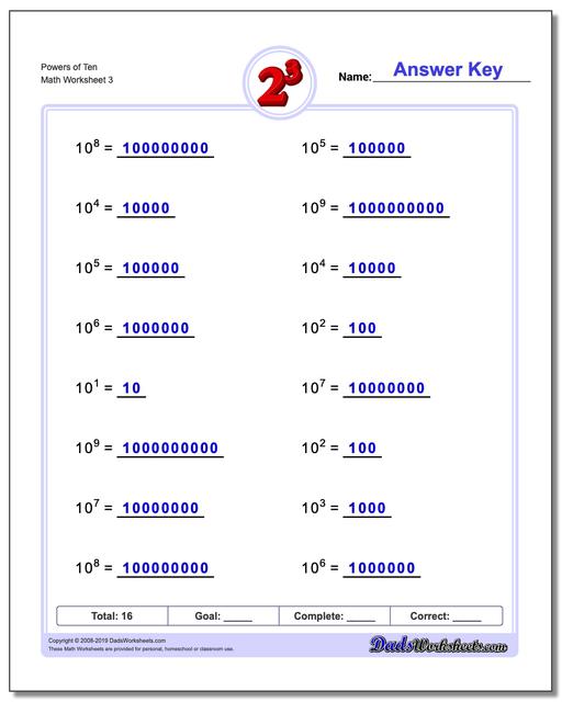 Exponents Worksheets: Powers of Ten and Scientific Notation