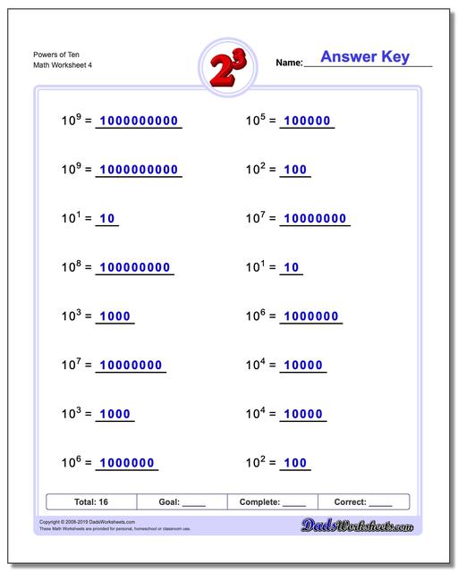 Exponents Worksheets: Powers of Ten and Scientific Notation