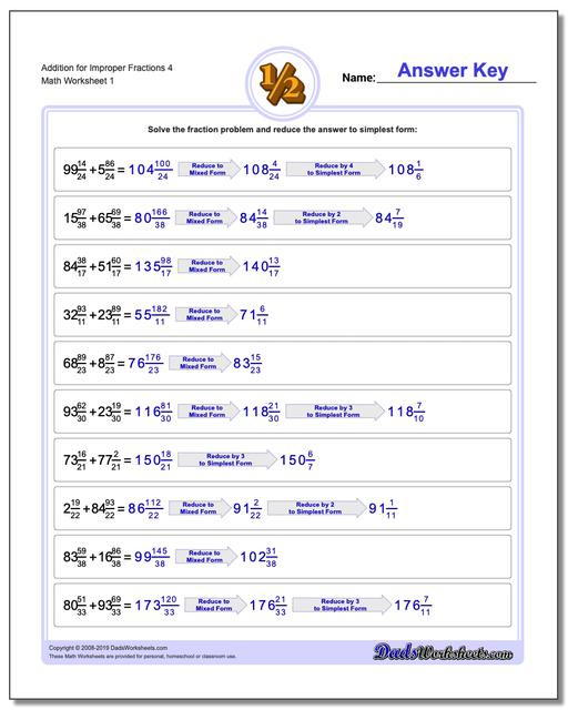 Adding Improper Fractions with a Common Denominator