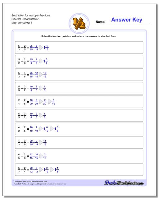 Subtracting Improper Fractions with Unlike Denominators