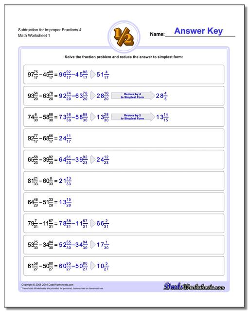 Subtracting Improper Fractions with a Common Denominator