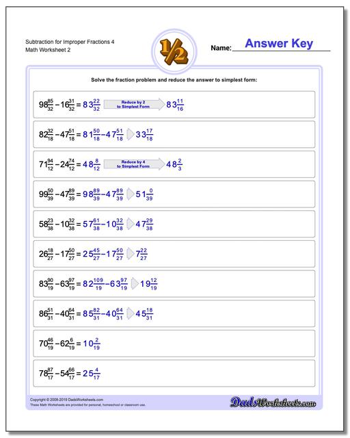 Subtracting Improper Fractions with a Common Denominator