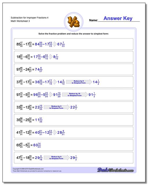 Subtracting Improper Fractions with a Common Denominator