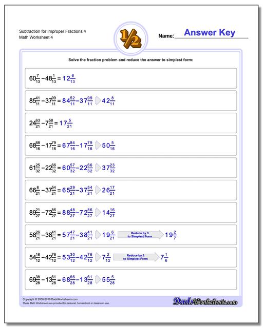 Subtracting Improper Fractions with a Common Denominator