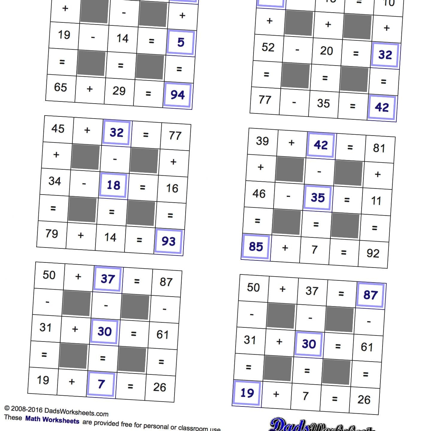 Math Worksheets: Grid Puzzles (Addition and Subtraction)