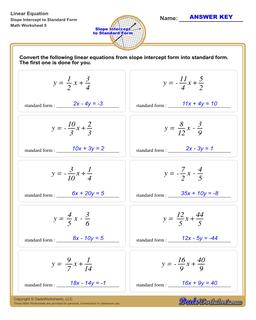 Slope Intercept to Standard From Worksheets