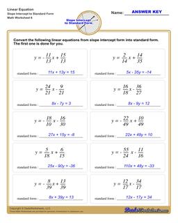 Slope Intercept to Standard From Worksheets