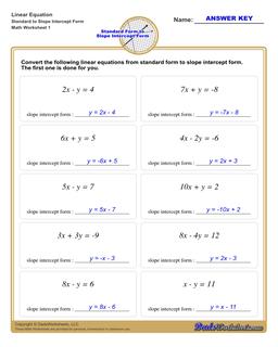 Slope Intercept to Standard From Worksheets
