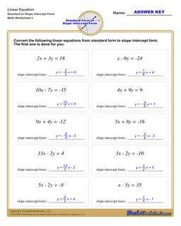 Slope Intercept to Standard From Worksheets