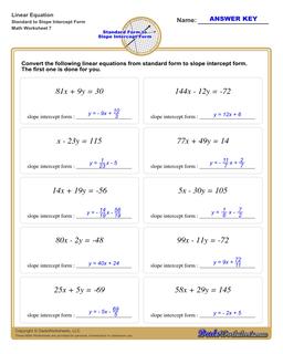 Slope Intercept to Standard From Worksheets
