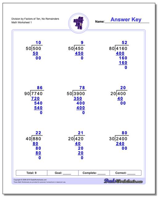Long Division Worksheets: Division by Factors of Ten