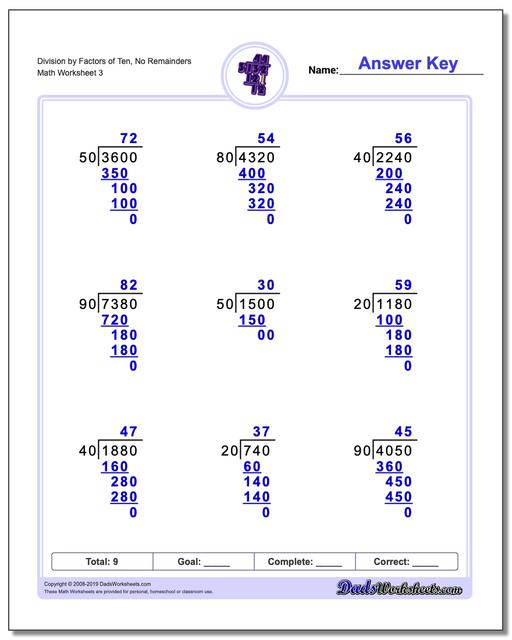 Long Division Worksheets: Division by Factors of Ten