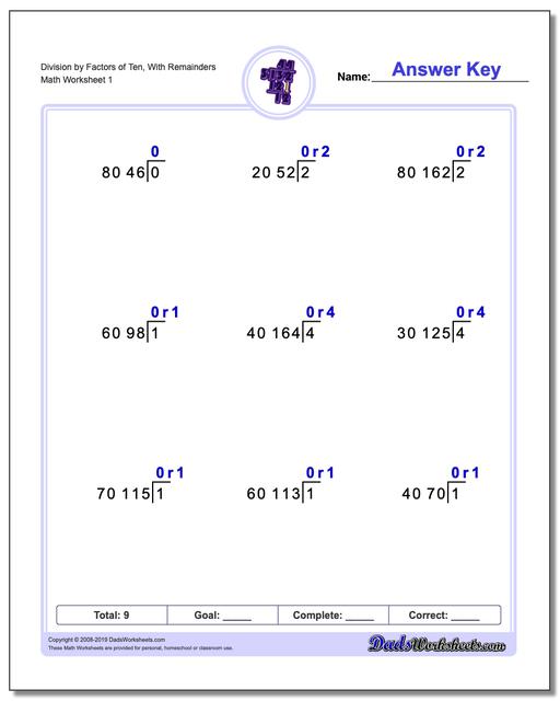 Long Division Worksheets: Division by Factors of Ten