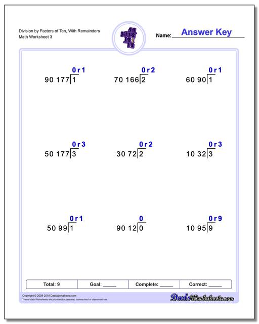 Long Division Worksheets: Division by Factors of Ten