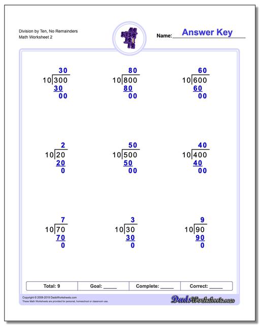 Long Division Worksheets: Division by Factors of Ten