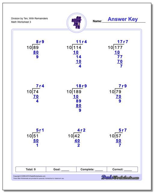 Long Division Worksheets: Division by Factors of Ten