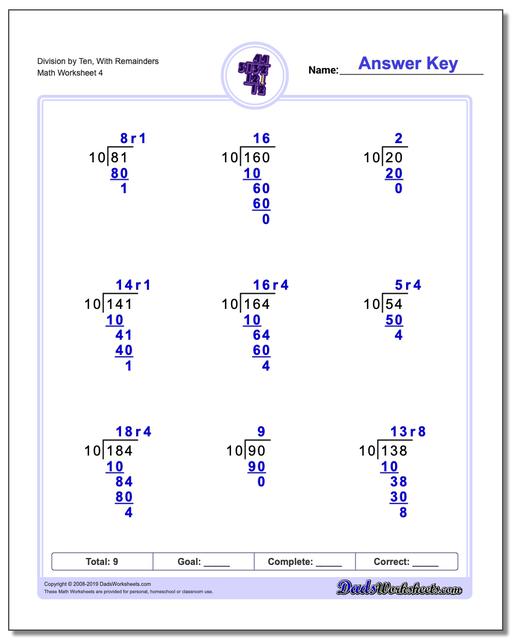Long Division Worksheets: Division by Factors of Ten